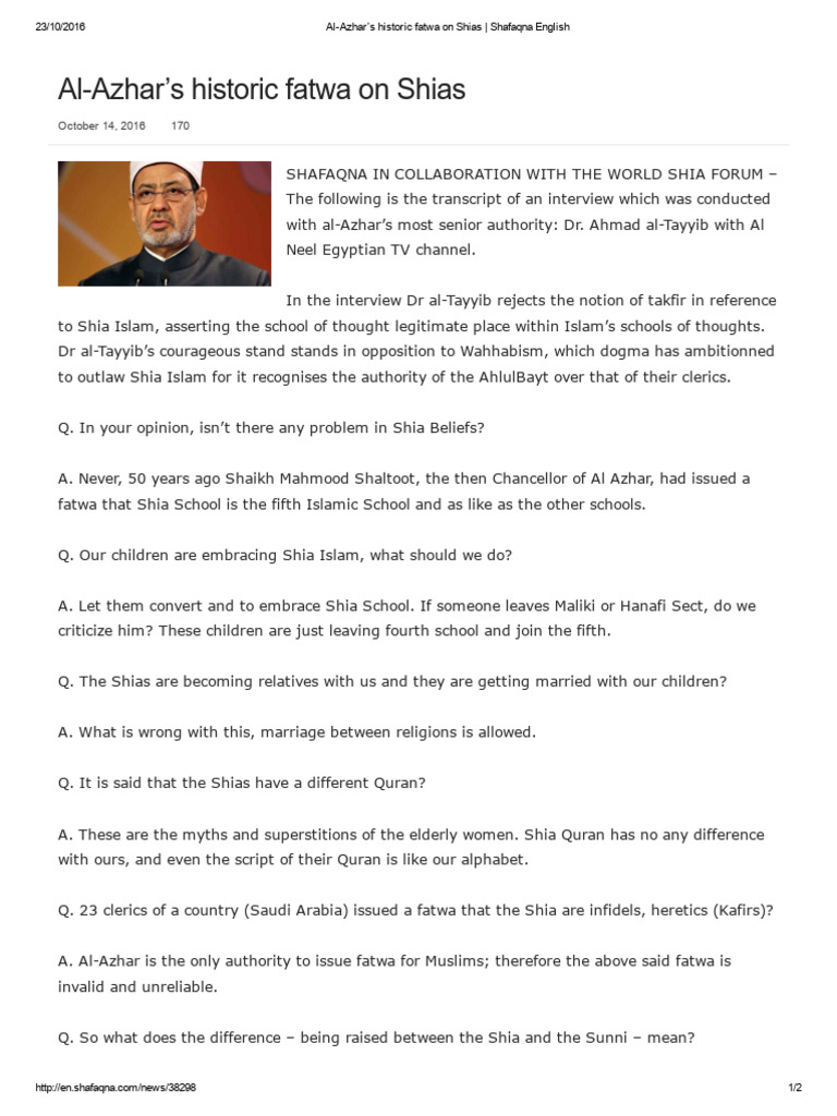 Al-Azhar's Fatwa on Shia Legitimacy | PDF | Shia Islam | Sunni Islam