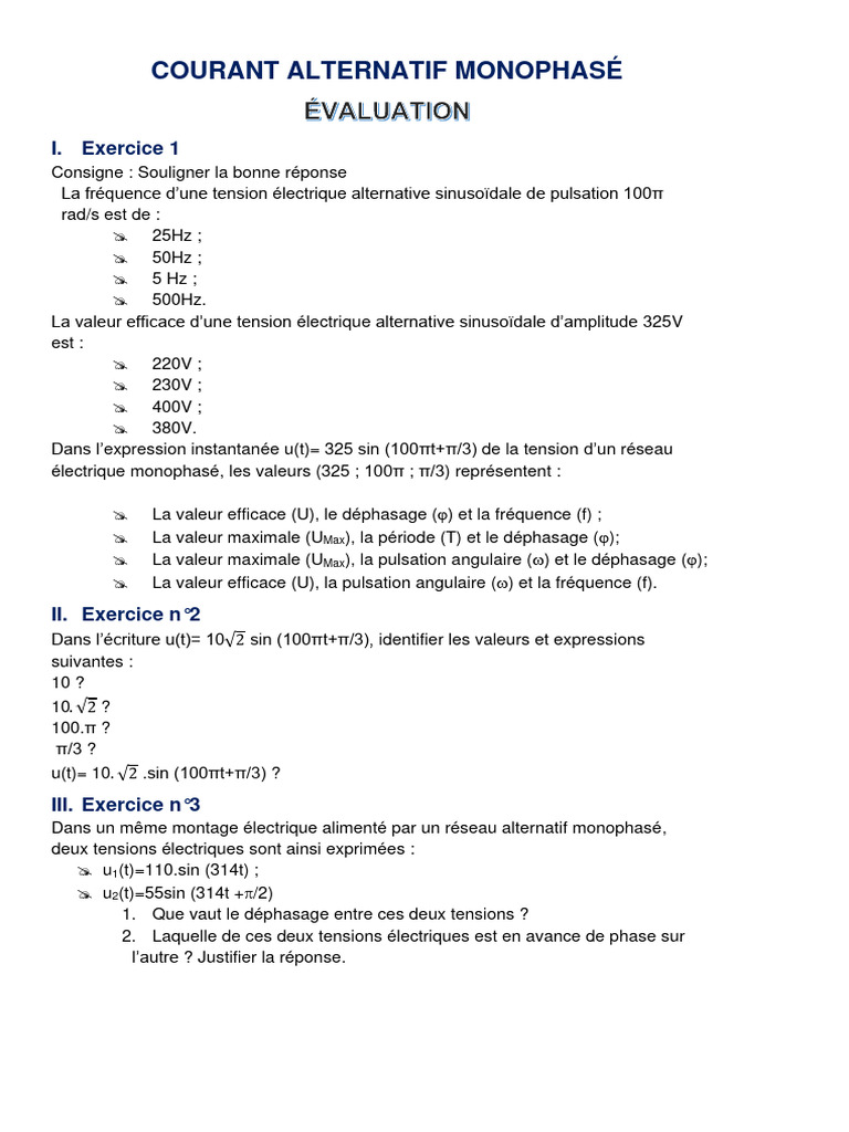 Exercices sur le Courant Alternatif Monophasé | PDF