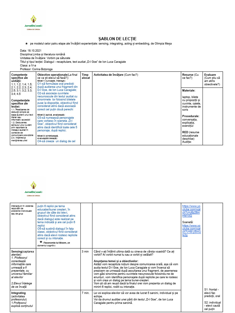 Plan Lectie Romana 18.10.2021 | PDF