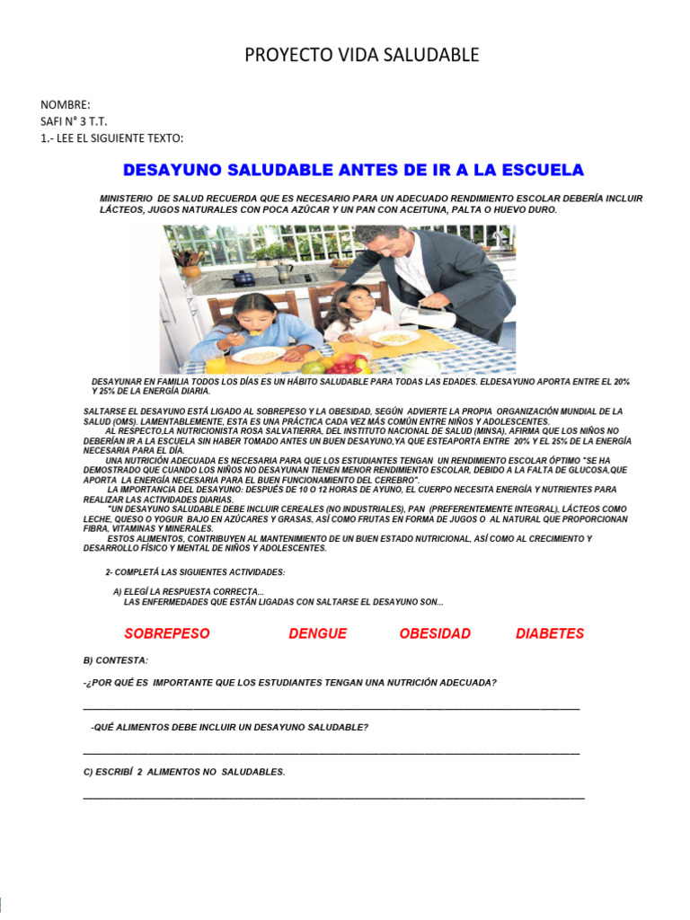 Actividad para Proyecto Vida Saludable. | PDF | Nutrición | Dieta y ...