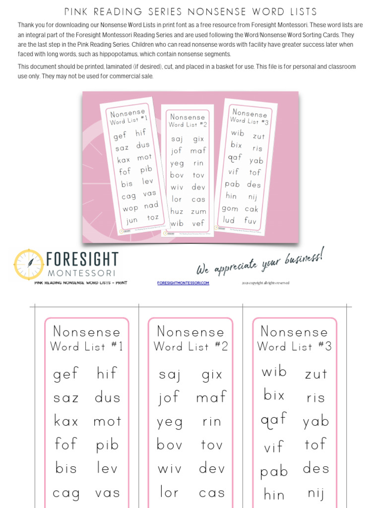 Pink Level Nonsense Word Lists Print Font Foresight | PDF