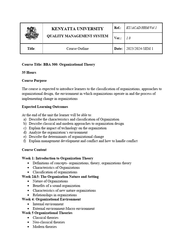 Course Outline BBA 300 | PDF | Organizational Behavior | Change Management