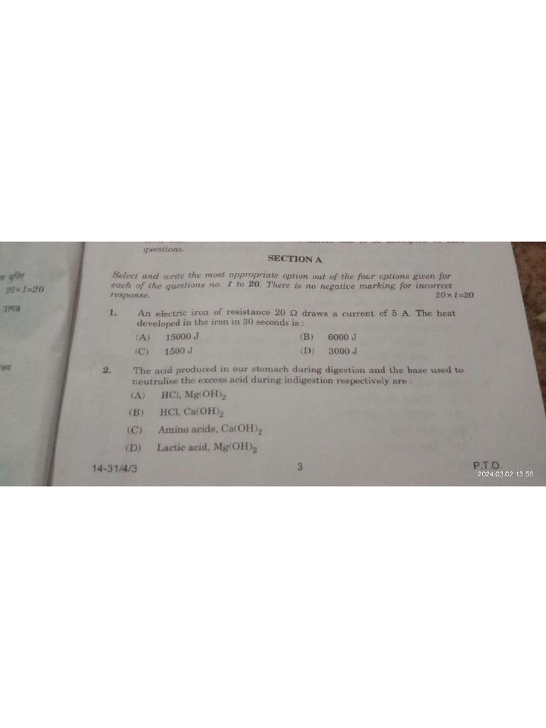 CBSE Class 10 Science Question Paper 2024 SET 31 4 3 | PDF