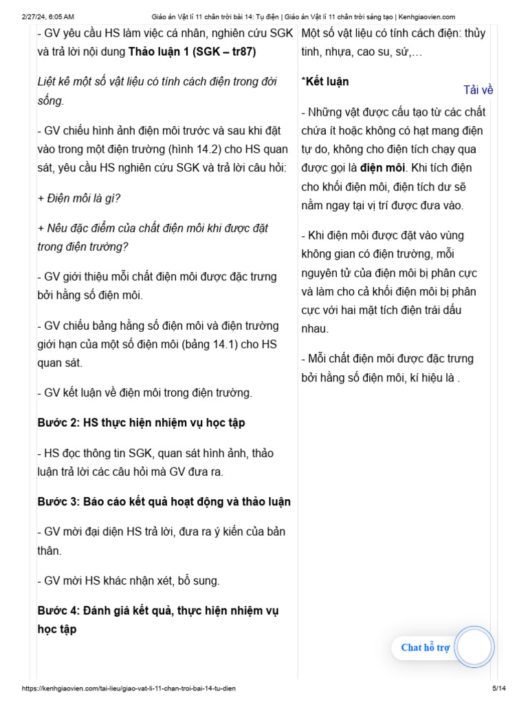 Giáo án Vật lí 11 chân trời bài 14 - Tụ điện - Giáo án Vật lí 11 chân trời sáng tạo | PDF