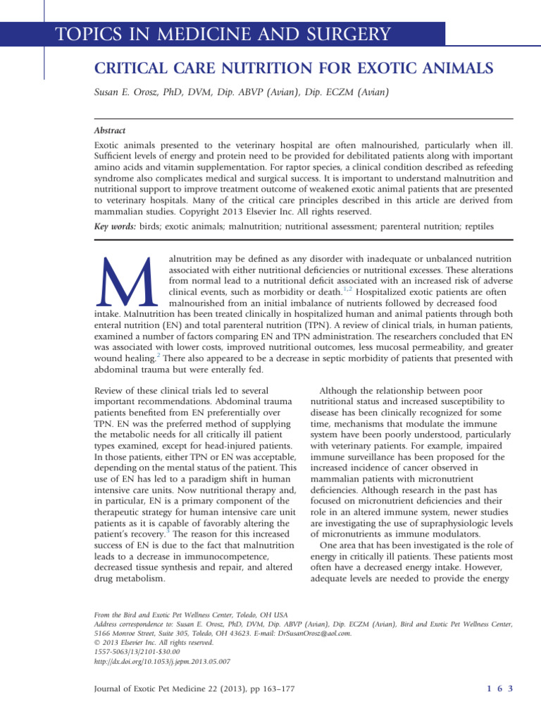 Critical Care Nutrition For Exotic Anima | PDF | Vitamin C | Vitamin