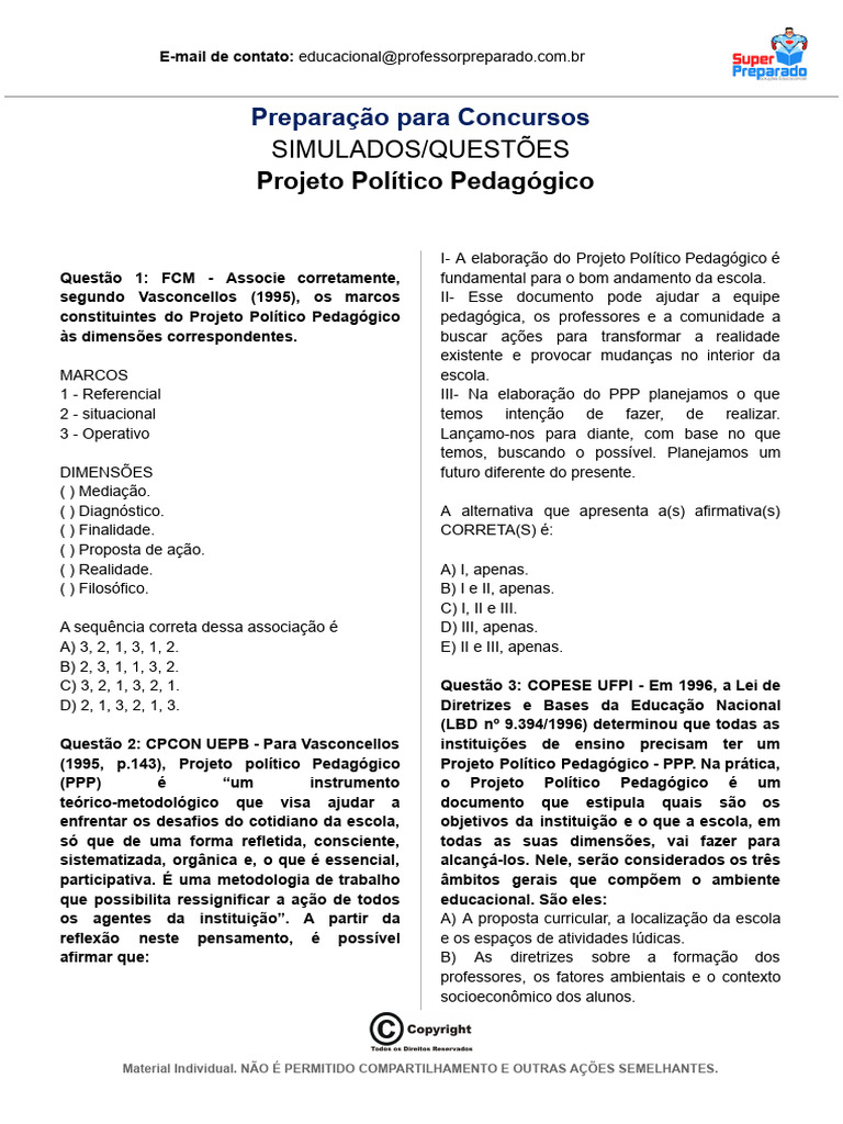 Simulado Projeto Político Pedagógico | PDF | Pedagogia | Aprendizado