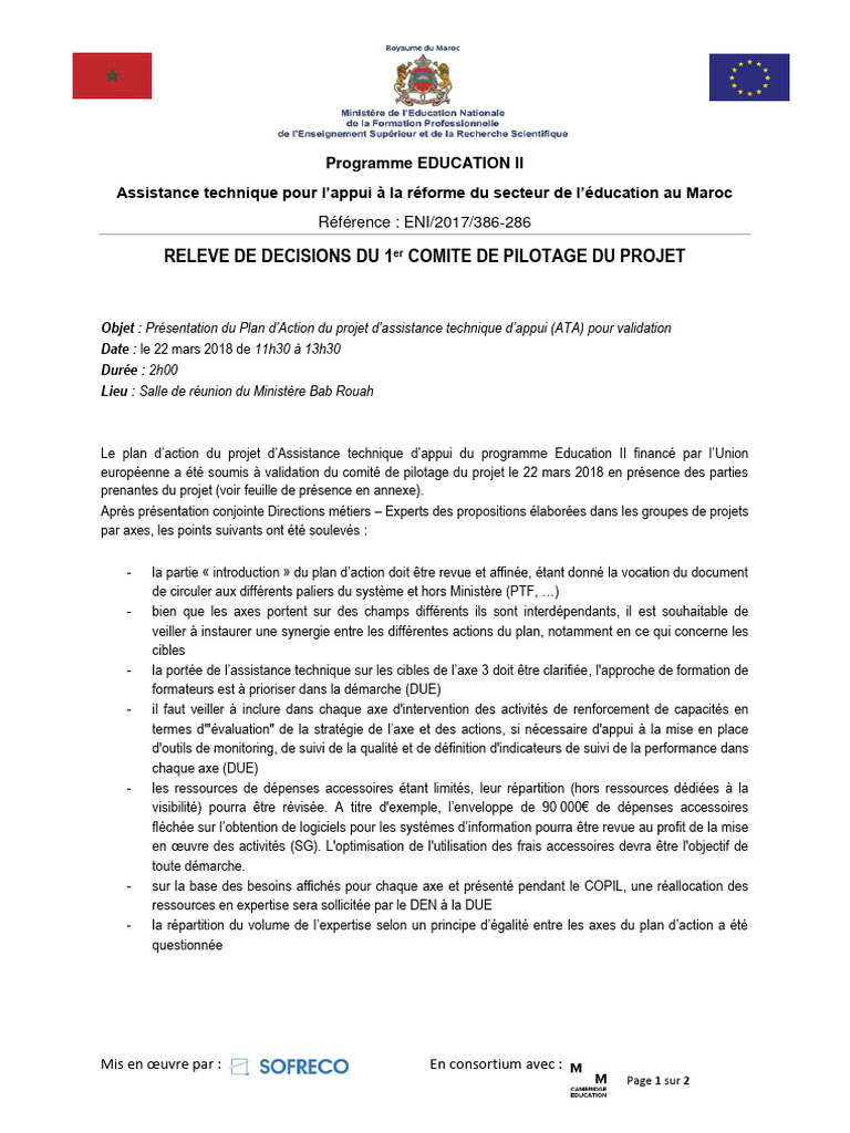 Relevé de Décisions Du COPIL 1 ATA EducII 22.03.18 | PDF