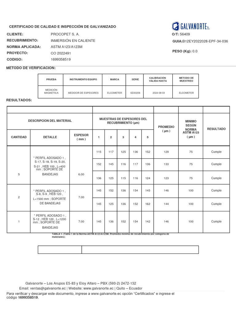 Certificado Galvanizado en Caliente - 56409 (A) 1 | PDF