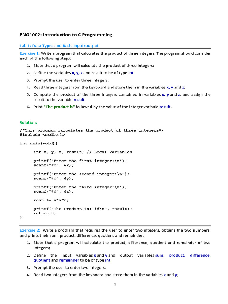ENG1002 Introduction To C Programming Lab Exercises 2022 23 Solutions ...
