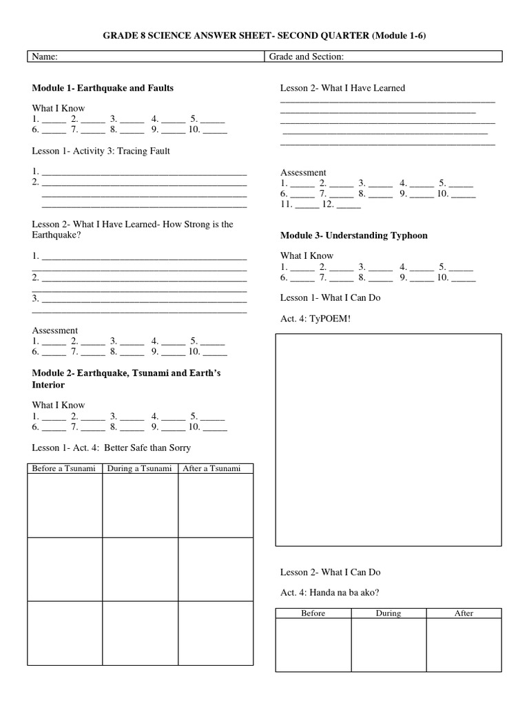 Grade 8 Science 2nd Quarter Answer Sheet | PDF | Earthquakes | Geophysics