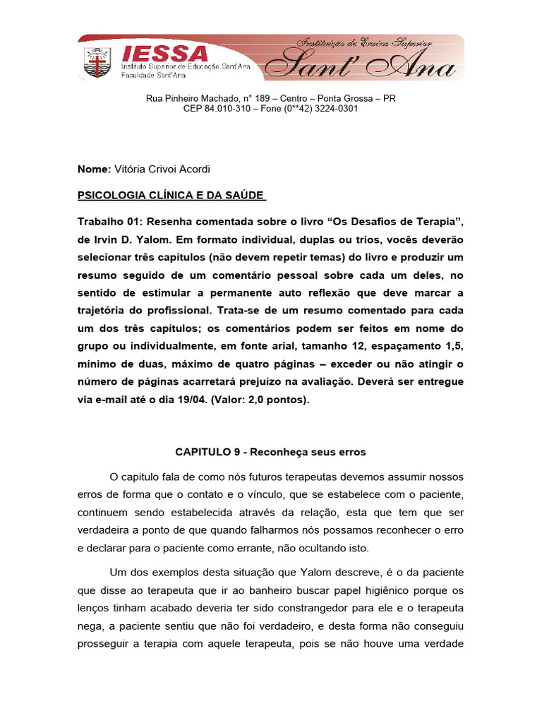 Trab 01 - Livro Yalon - Desafios Da Terapia. | PDF