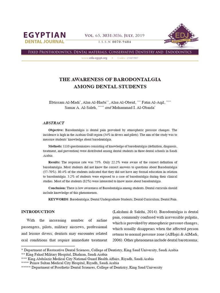 The Awareness of Barodontalgia Among Den | Download Free PDF ...