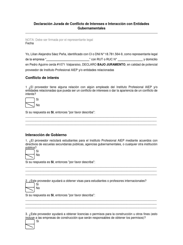 Declaración Jurada de conflicto de Intereses e Interacción con Entidades Gubernamentales_ | PDF