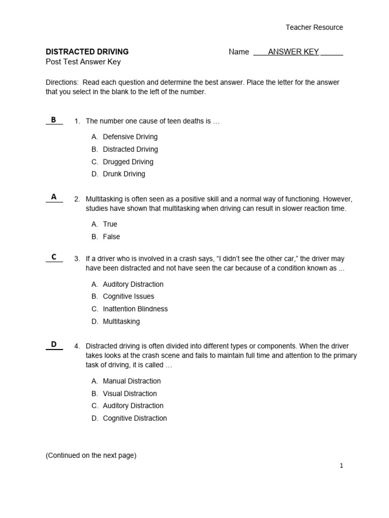 4 Distracted Driving Post Test Answer Key | Download Free PDF ...