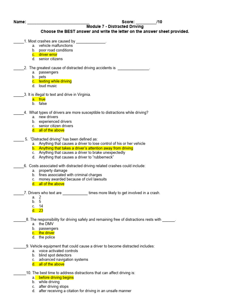 Module 7 Distracted Driving Quiz | PDF