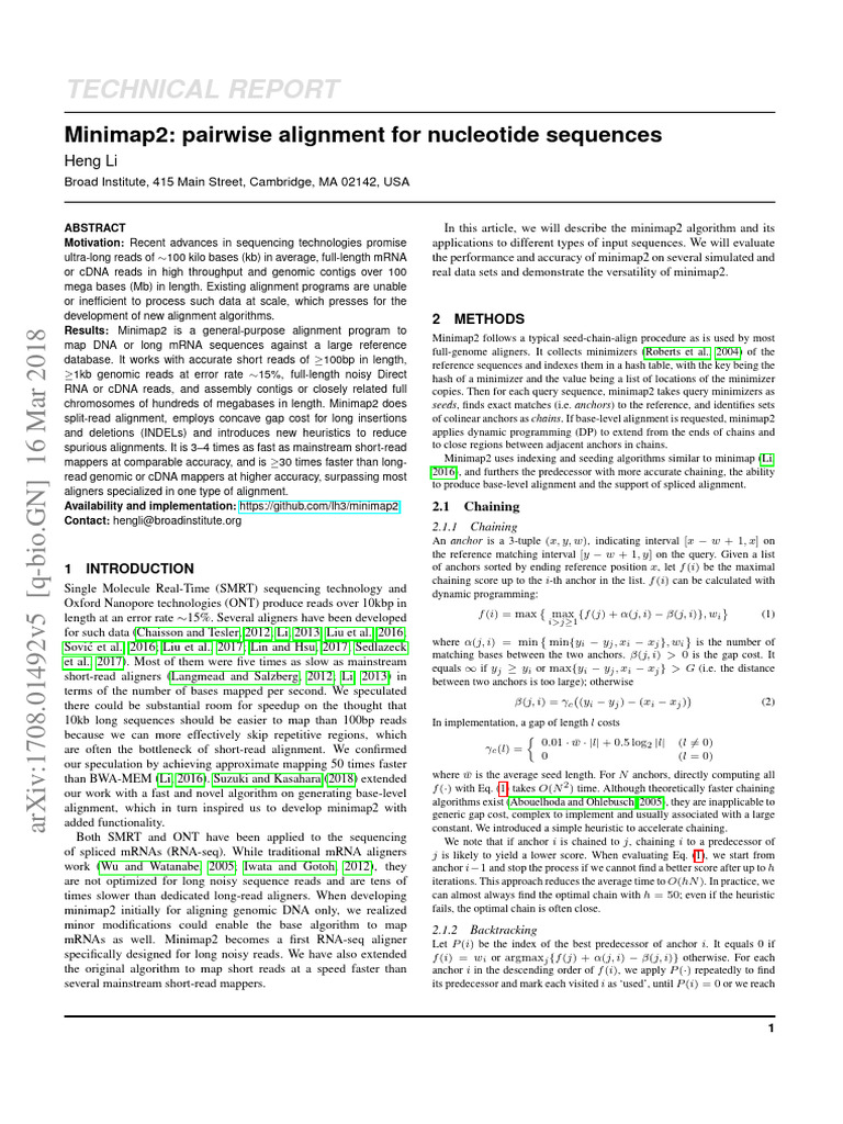 Minimap2: pairwise alignment for nucleotide sequences | PDF | Sequence Alignment | Dna Sequencing