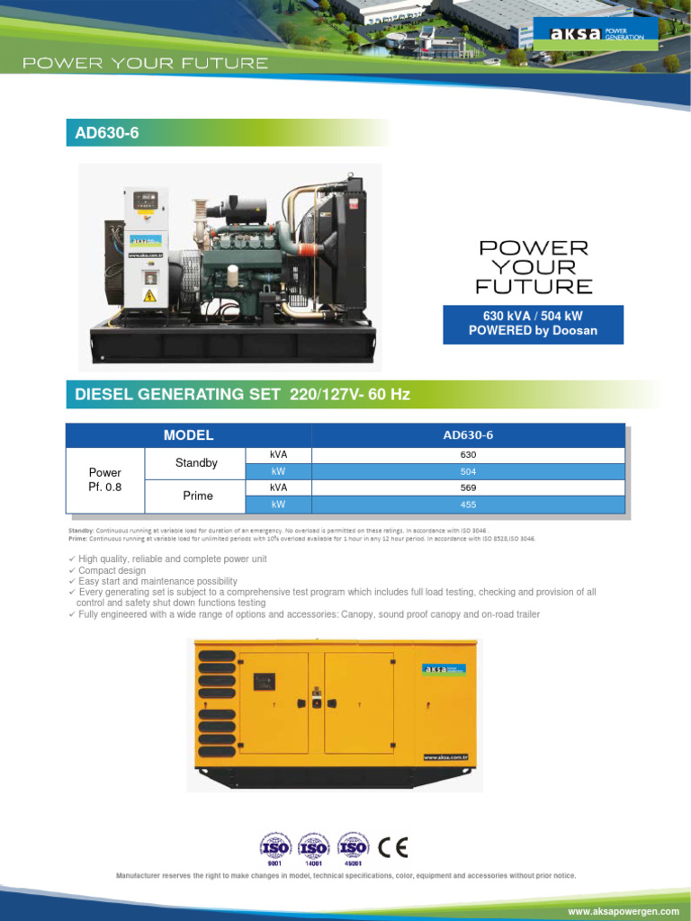 Aksa AD630-6 Diesel Generator Specs | PDF | Diesel Engine | Engines