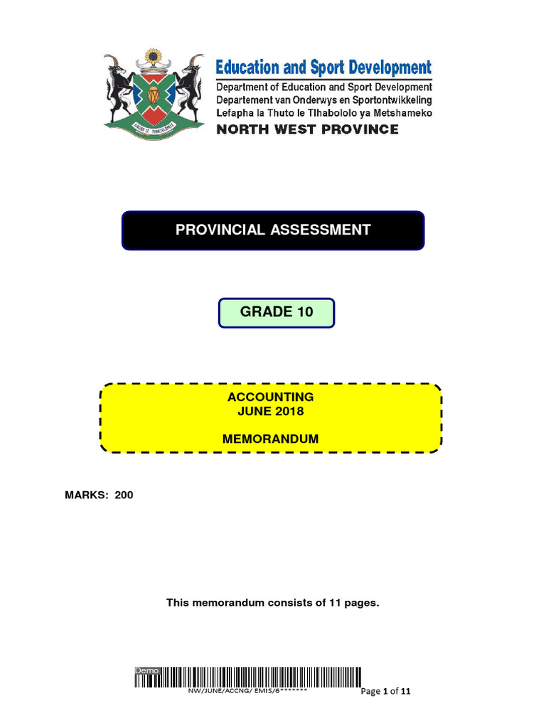 Grade 10 Accounting June 2018 Memo | PDF | Debits And Credits | Money
