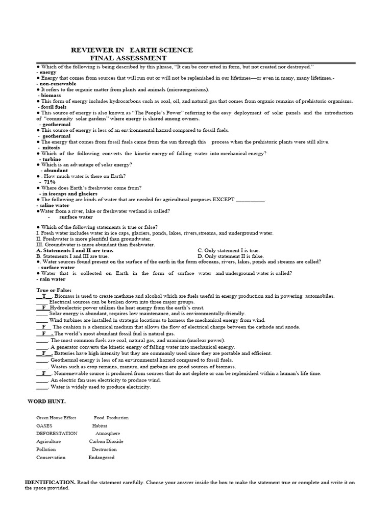 Earth Science Final Assessment Guide | PDF | Soil | Fuels