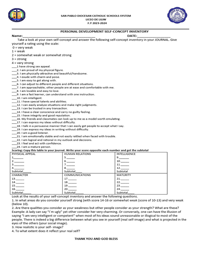 Personal Development Self-Concept Inventory | PDF | Self Concept | Behavioural Sciences