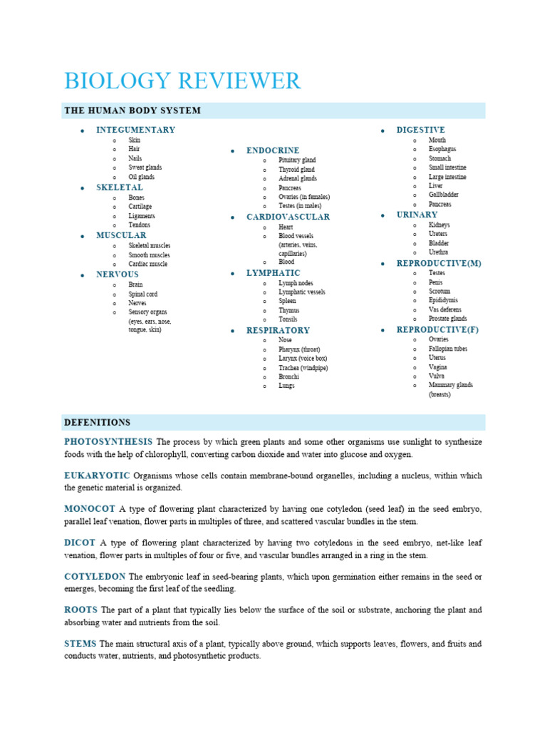 bIOLOGY REVIEWER | PDF | Flowers | Plant Stem