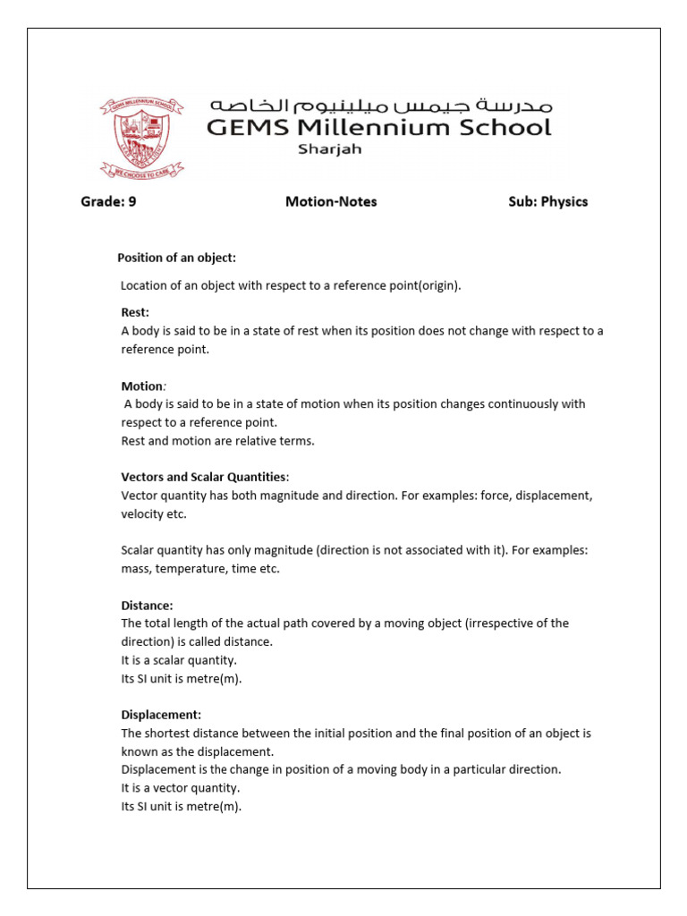 Motion Notes 1 | PDF | Velocity | Acceleration