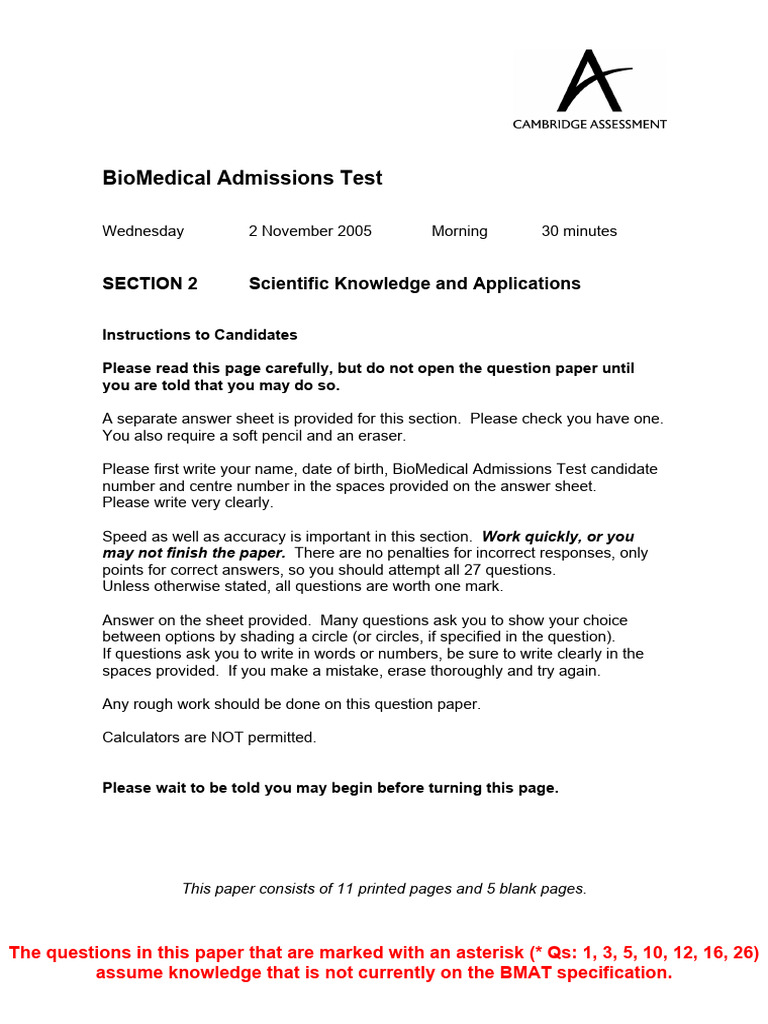 BMAT Past Paper 2005 Section 2 | PDF | Atrium (Heart) | Heart