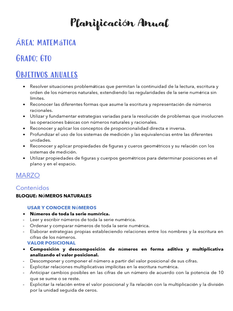 Planificacion Anual Matemática Sexto Pdf División Matemáticas 1312