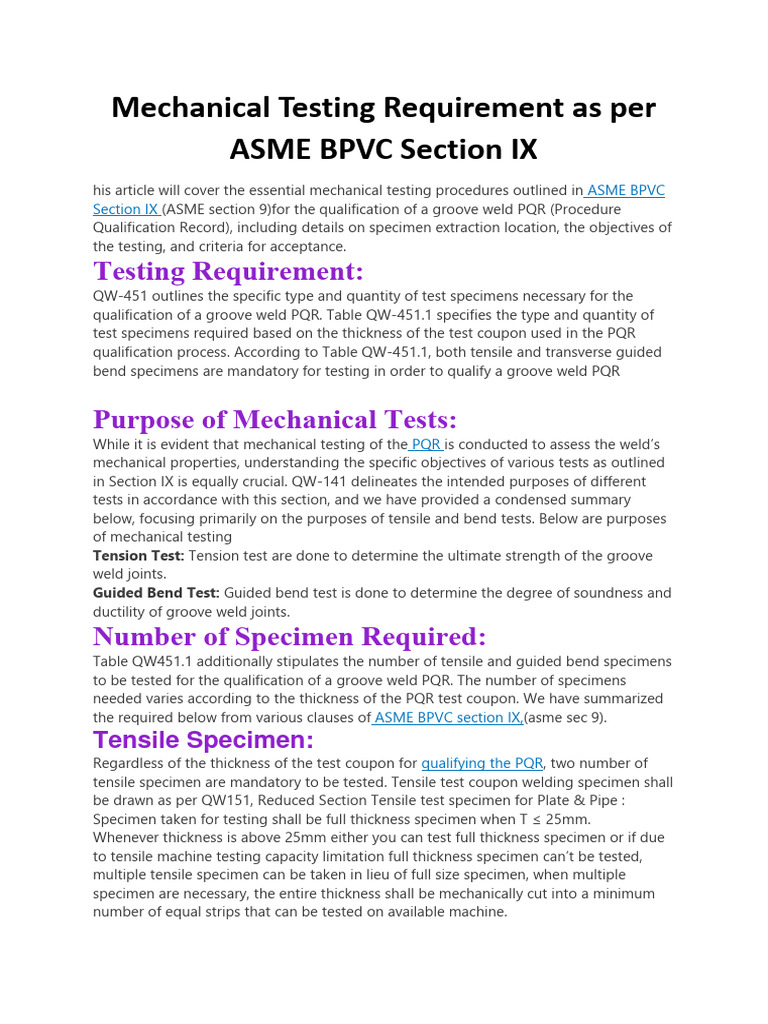Mechanical Testing Requirement As Per ASME BPVC Section IX | PDF ...