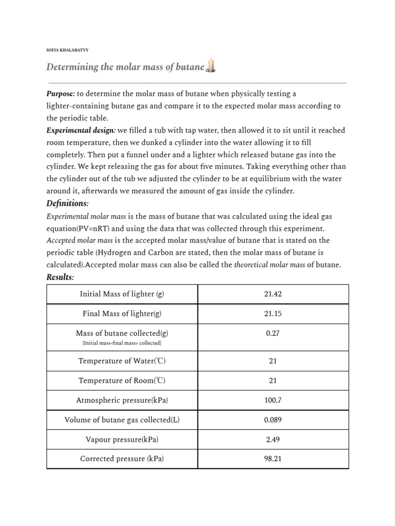Determining The Molar Mass of Butane | PDF | Gases | Mole (Unit)