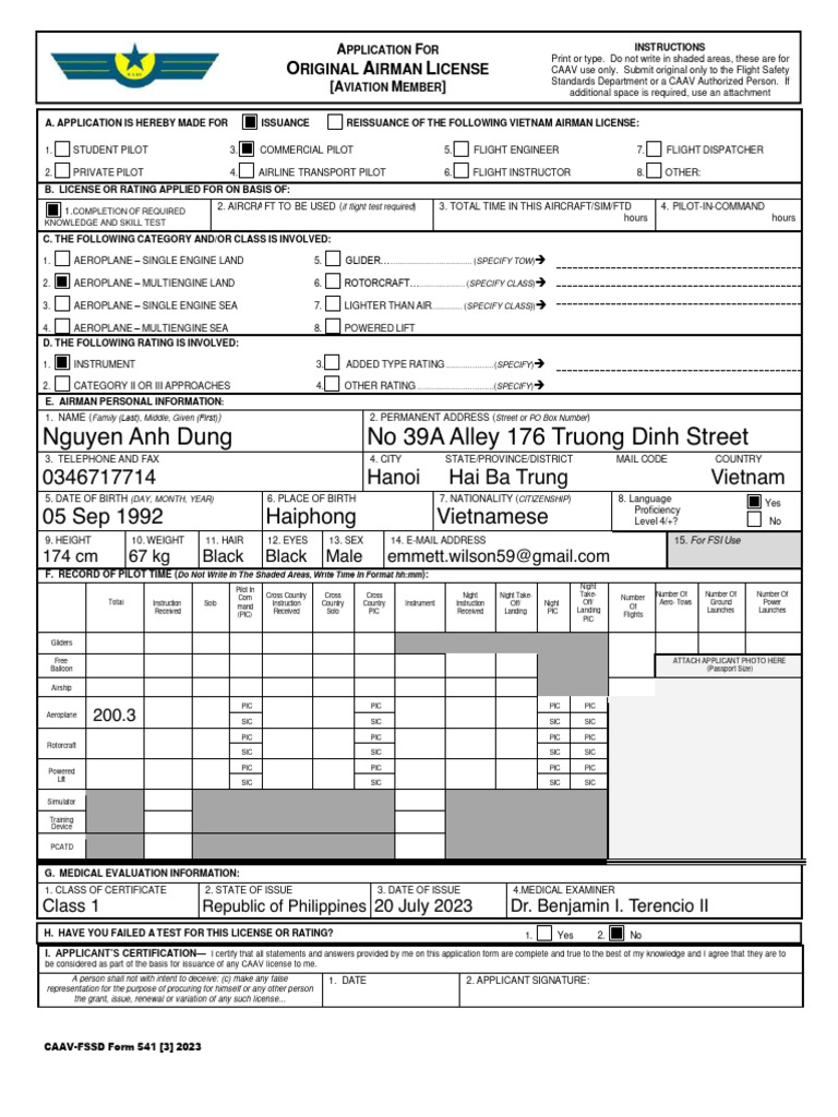 CAAV Airman License Application Form 541 | PDF | Flight Instructor ...