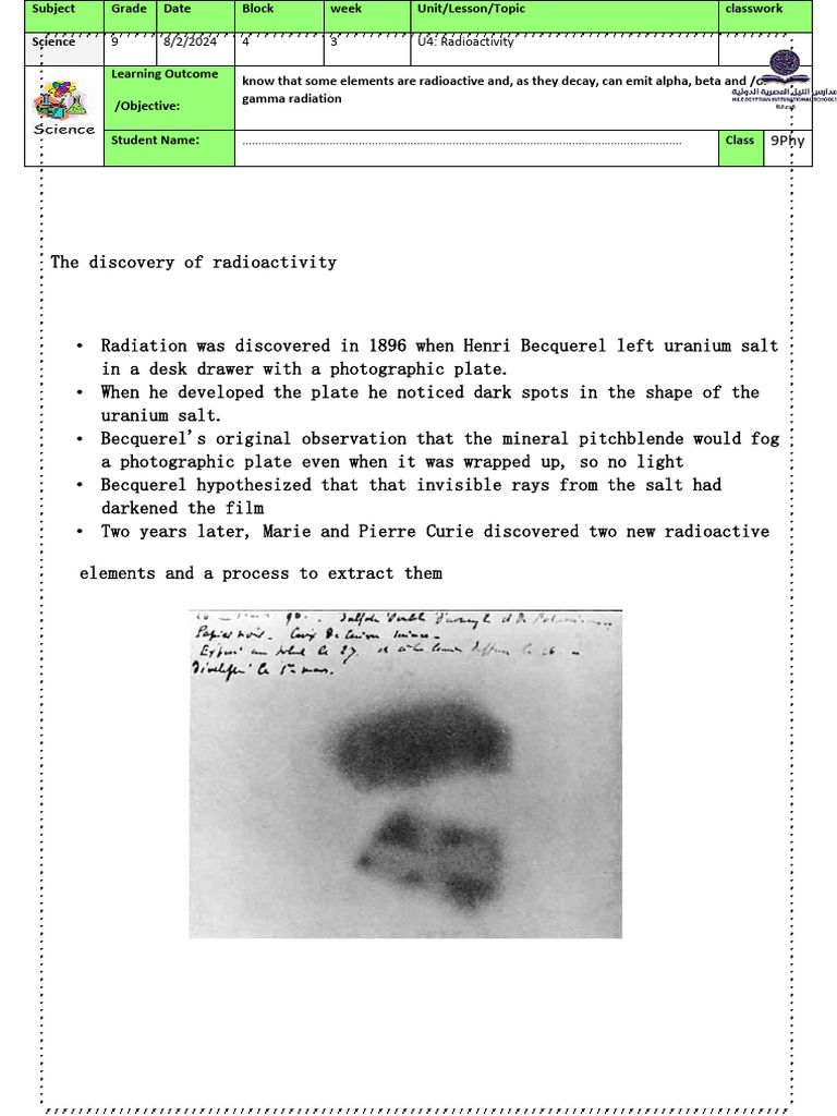 Gr9 Phy - B4 - U5 - Study Sheet - p1 | PDF | Radioactive Decay | Atomic ...