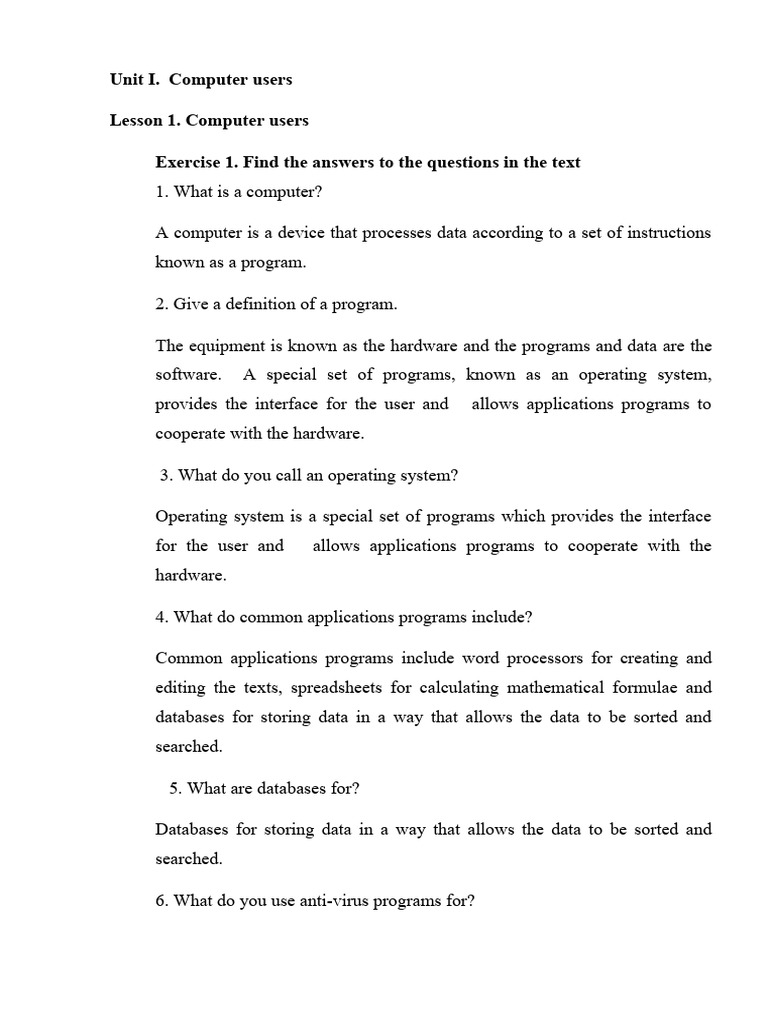 Unit I. Lesson 1 Computer Users | PDF | Personal Computers | Computer Program