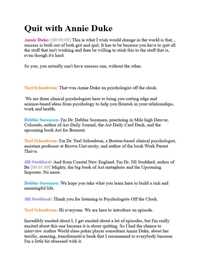 Transcript For Quit With Annie Duke | PDF