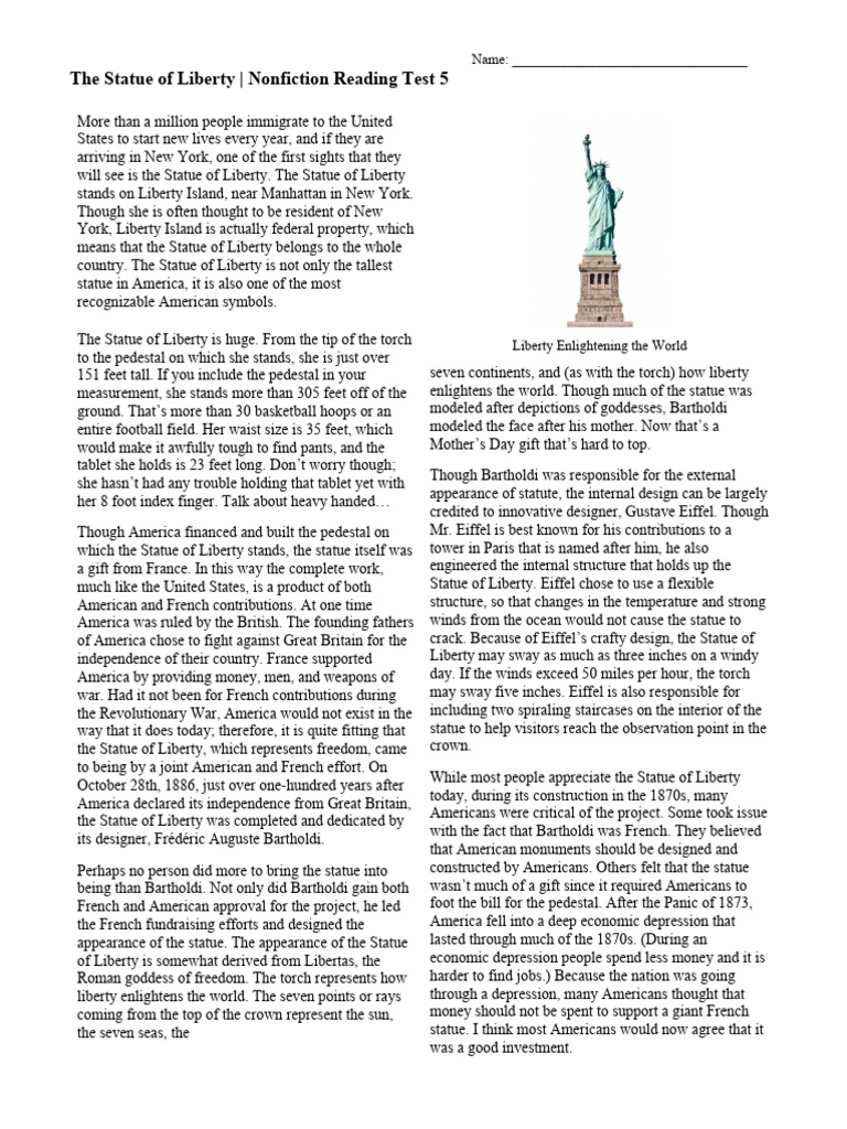 Nonfiction Reading Test 5 Statue of Liberty | PDF | Travel | Art