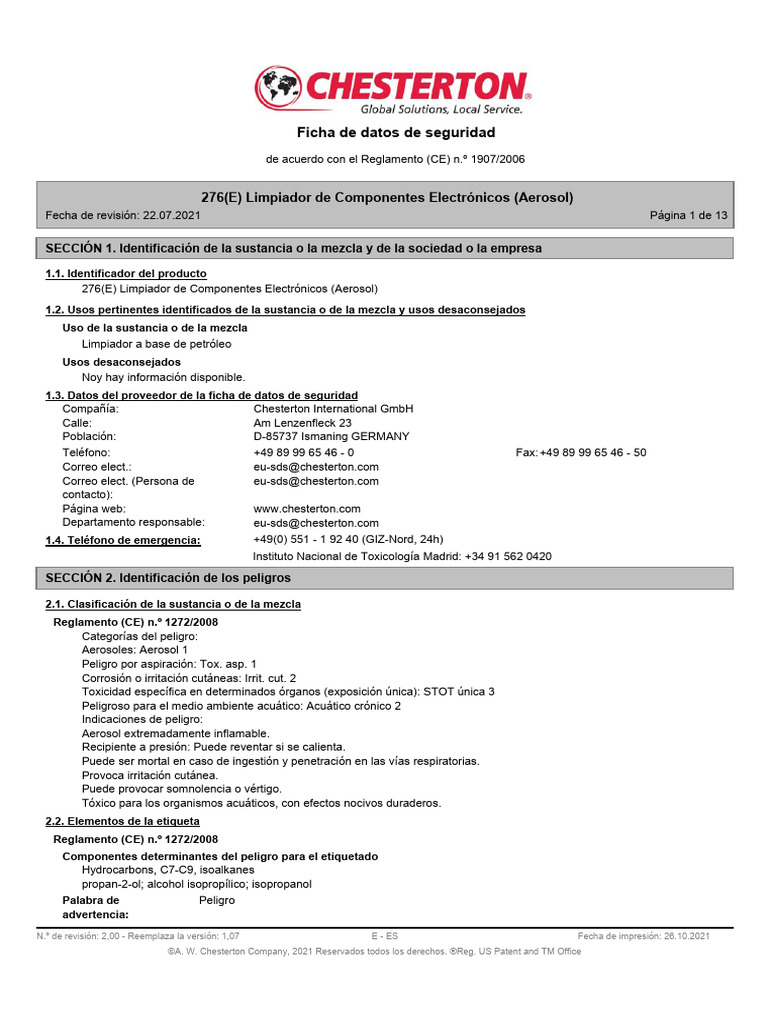 MSDS-CL-276 Electronic Component Cleaner | PDF