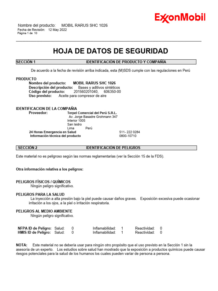 Msds-Cl-Mobil Rarus SHC 1026 | PDF