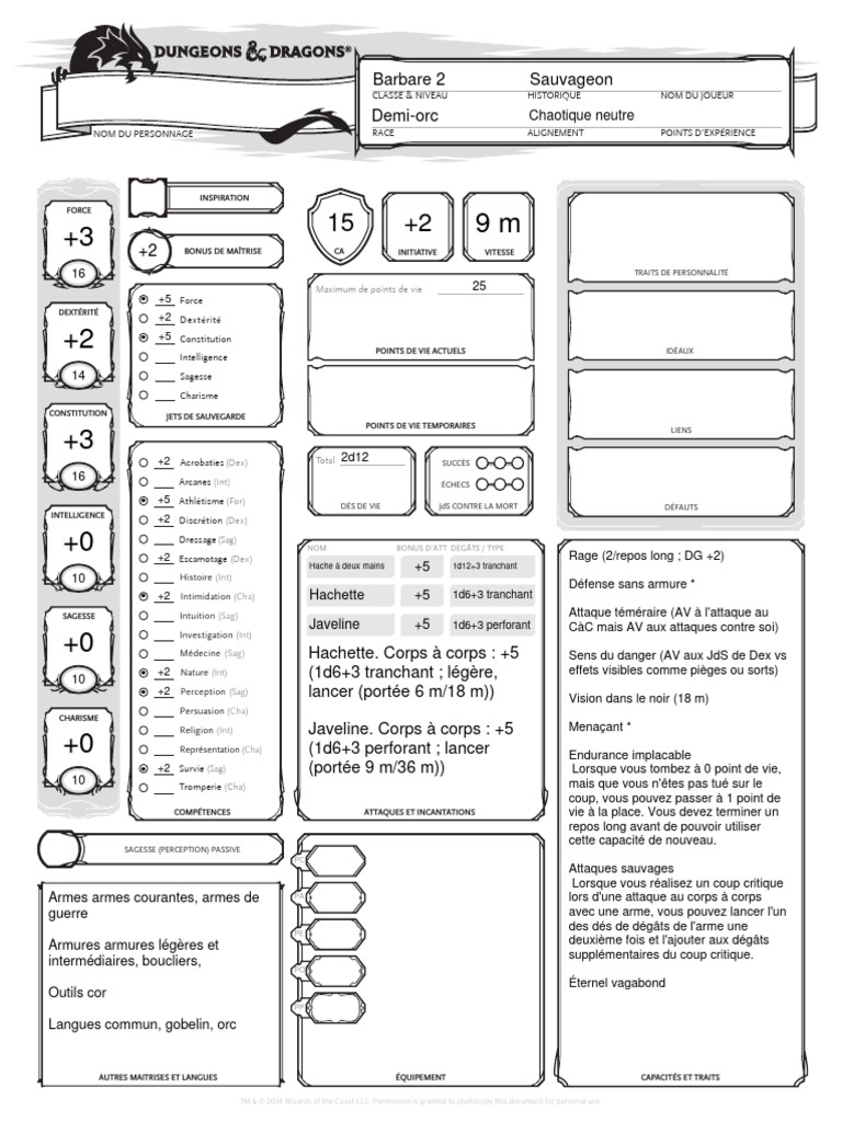 Fiche de personnage Barbare Demi-orc D&D | PDF