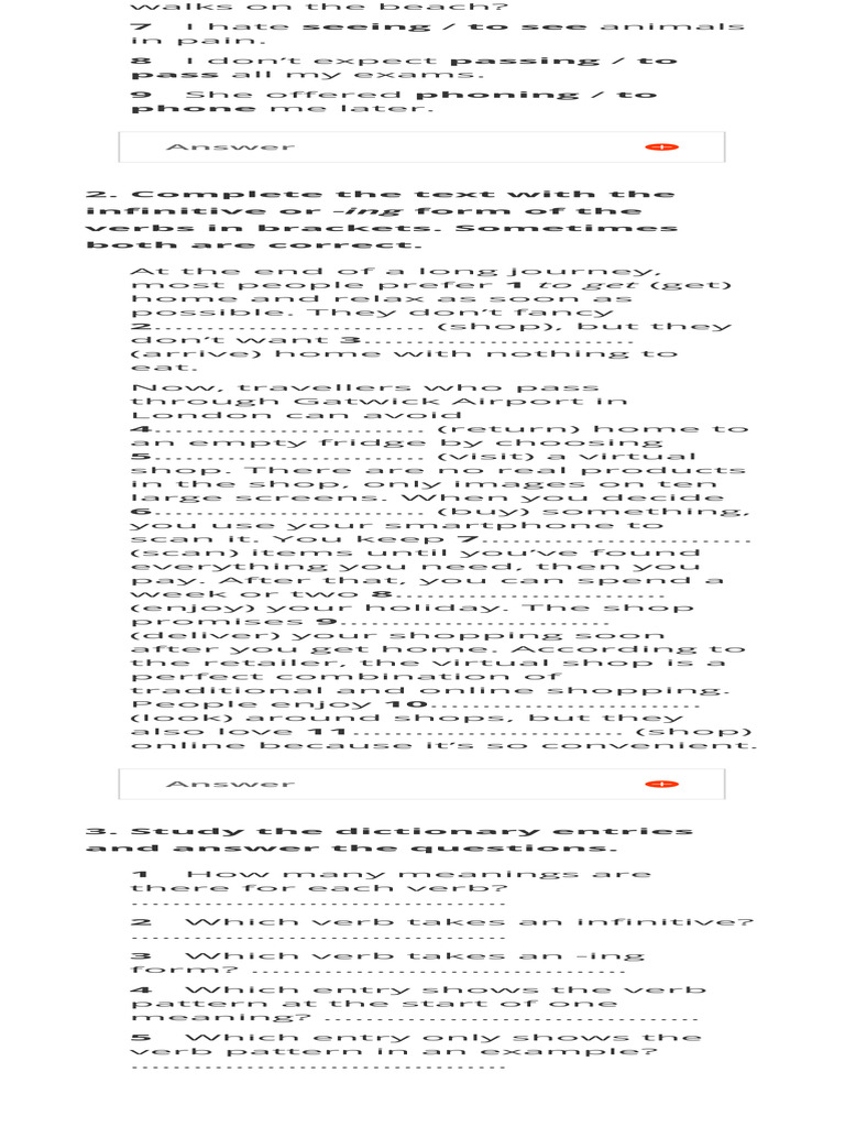 English Word Skills Exercises For A2 Verb + Infinitive or Ing Form ...