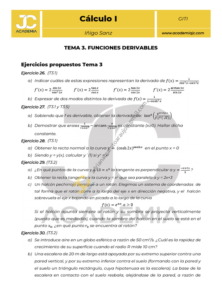 Ejercicios de Derivadas en Cálculo I | PDF | Derivado | Función ...