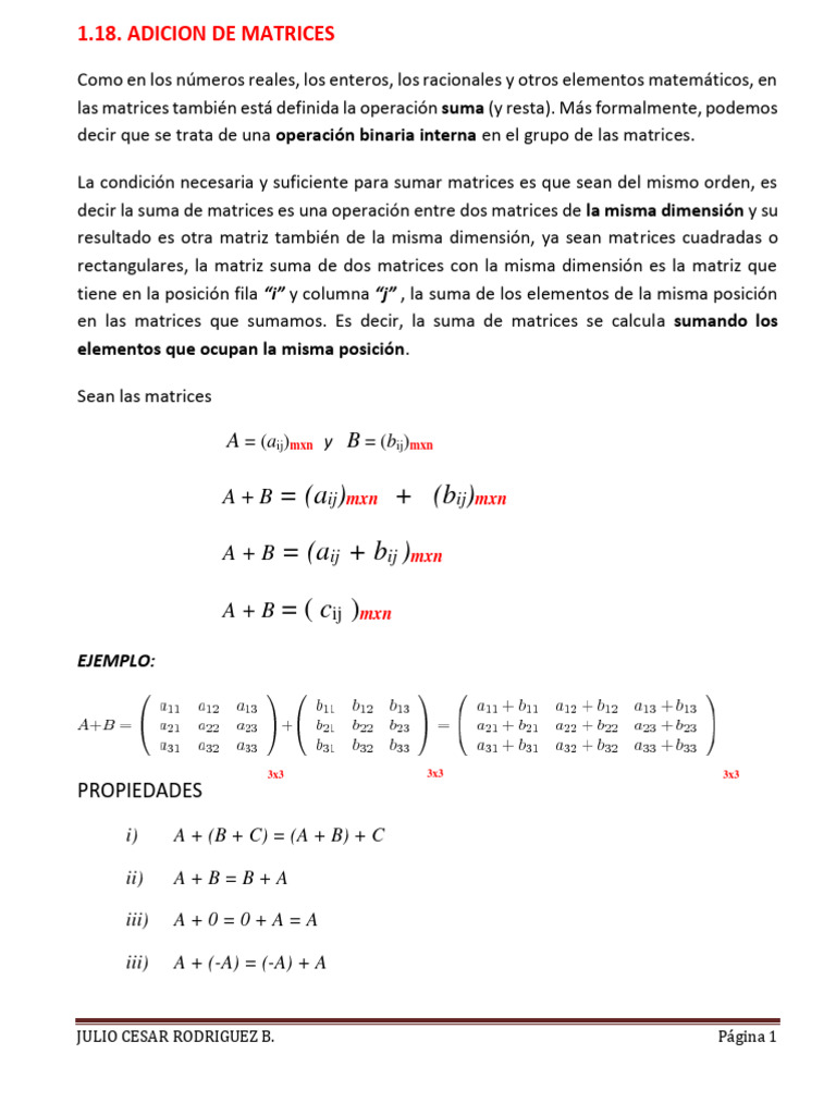 Operaciones Básicas con Matrices | PDF | Matriz (Matemáticas) | Física Matemática