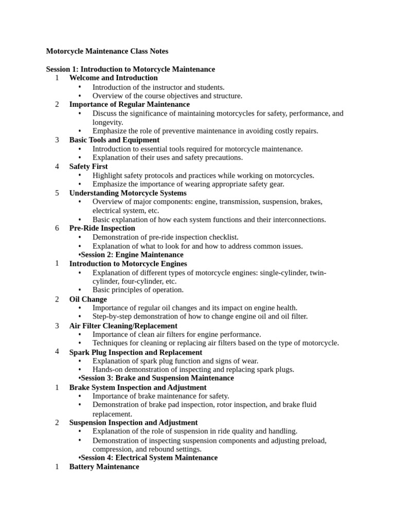 Motorcycle Maintenance Class Notes | PDF