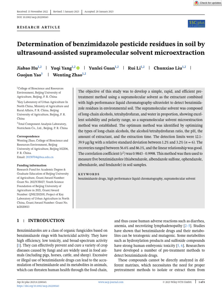 Separation Science Plus - 2023 - Hu - Determination of Benzimidazole Pesticide Residues in Soil ...