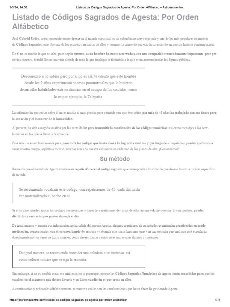 Listado de Códigos Sagrados de Agesta_ Por Orden Alfábetico ...