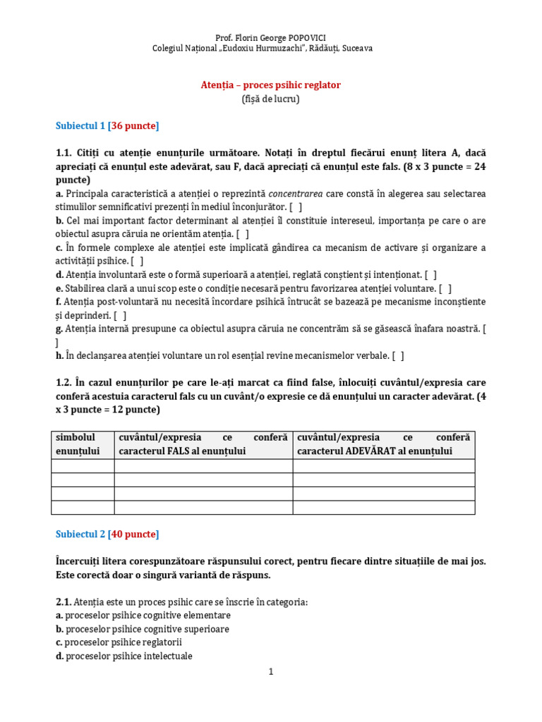 Fisa de Lucru Psihologie Atentia | PDF