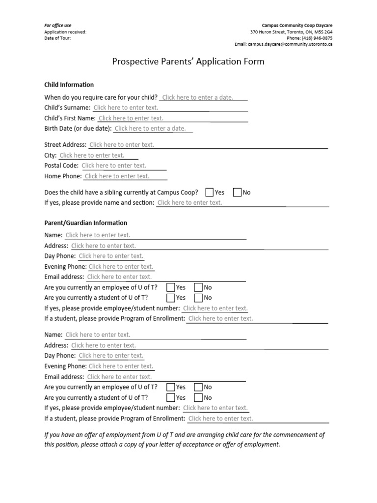 Campus Coop Daycare Application Form Fillable | PDF | Child Care