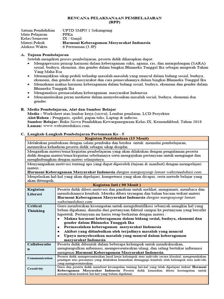 RPP 1 Lembar PKN Kelas 9 k13 | PDF