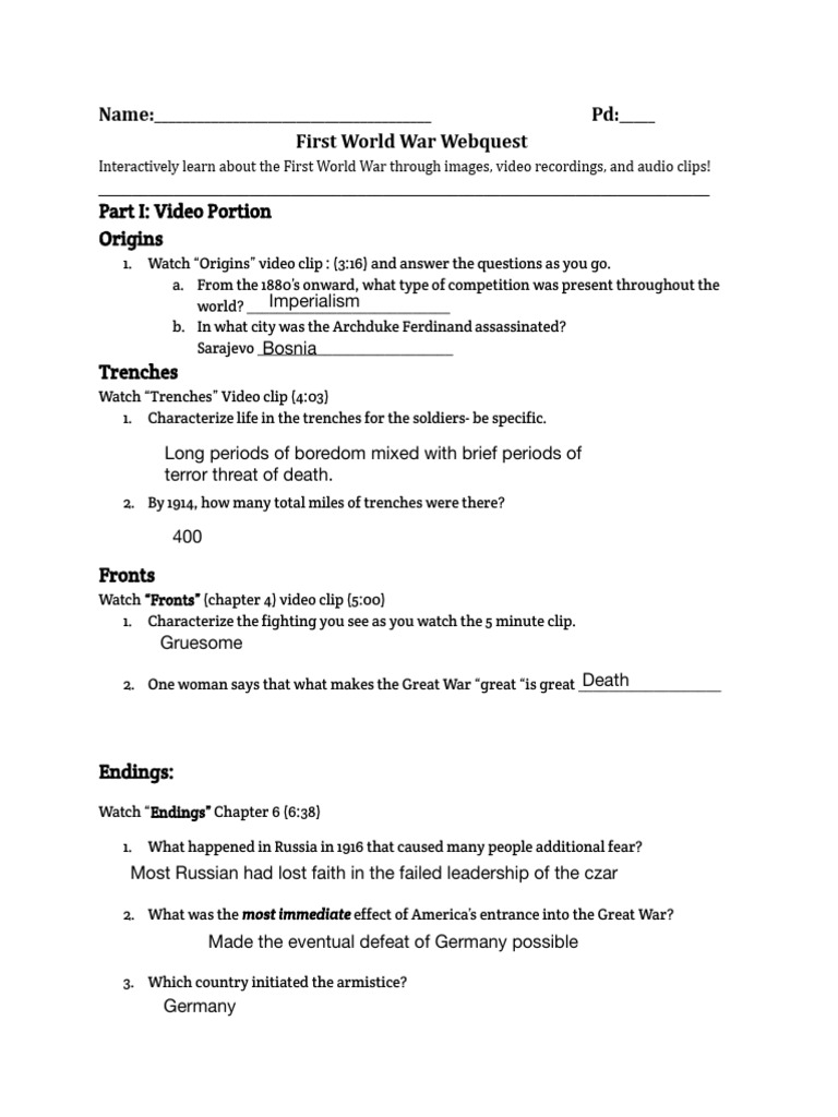 WWI Webquest 2023 | PDF