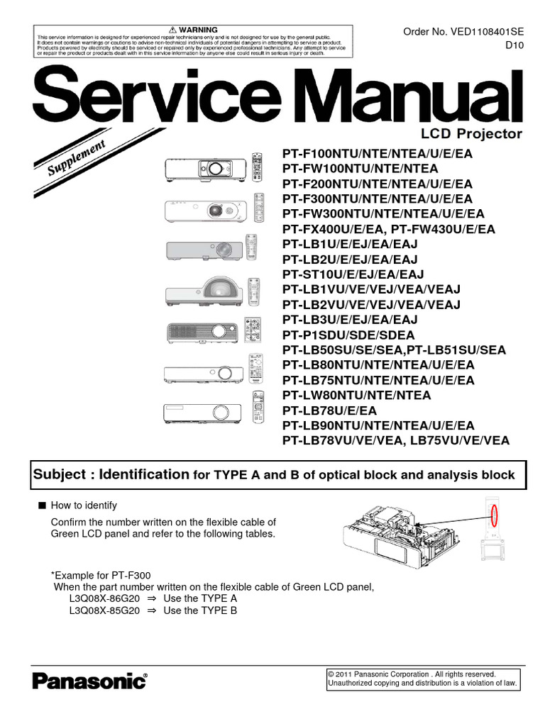 Panasonic pt-f100 fw100 f200 f300 fw300 fx400 lb1 lb2 lb3 st10 p1 lb50 ...