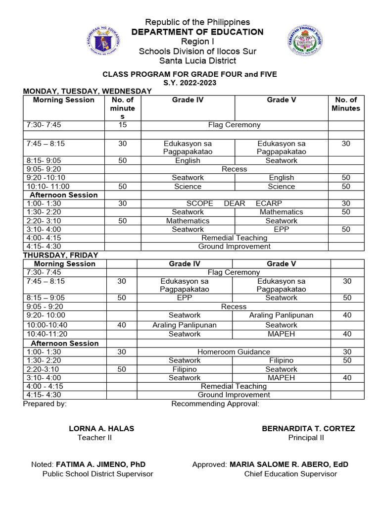 Approved Class Program 2022 2023 Grade 4 5 | PDF